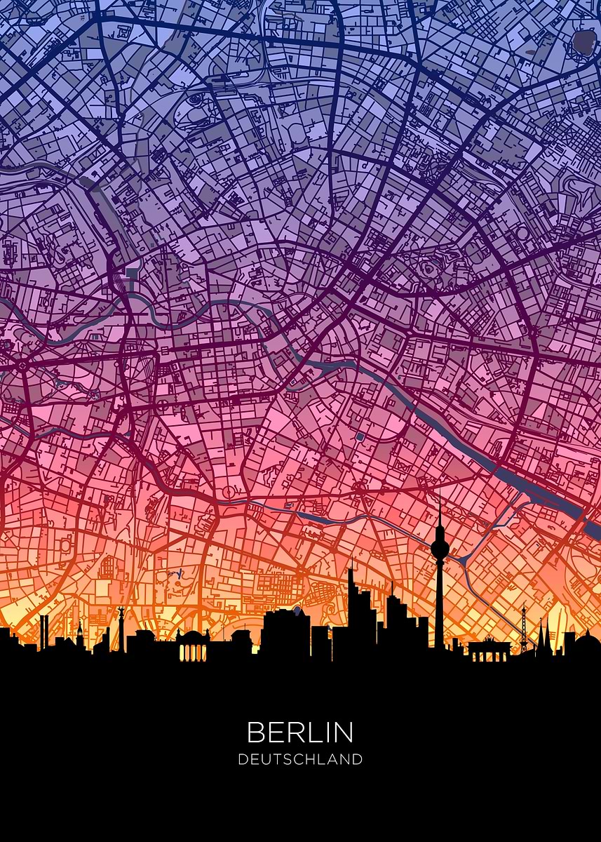 'Berlin Skyline Map' Poster, picture, metal print, paint by Michael ...