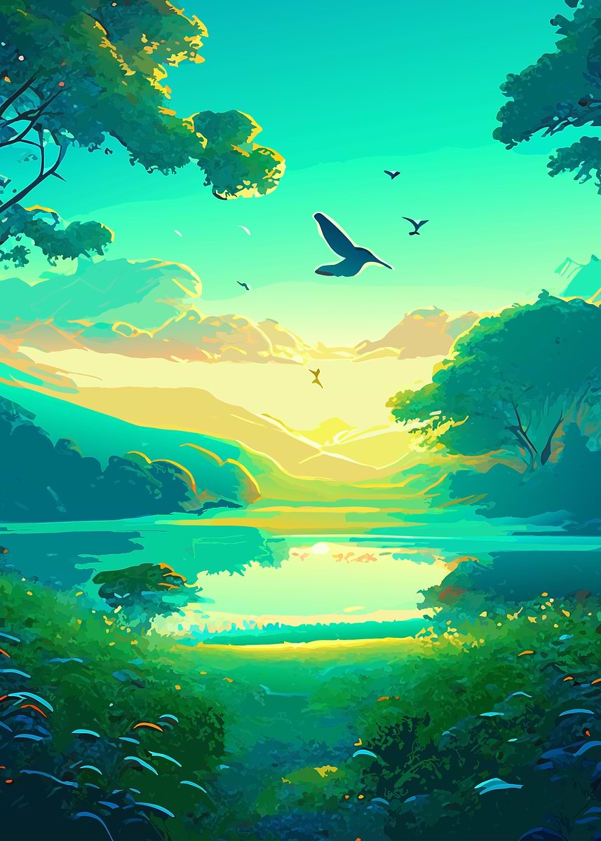 'Nature Landscape and Lake' Poster, picture, metal print, paint by crbn ...