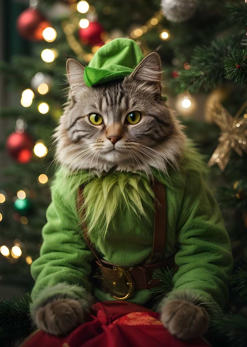 'Christmas ELF Cat' Poster, picture, metal print, paint by Illustration ...