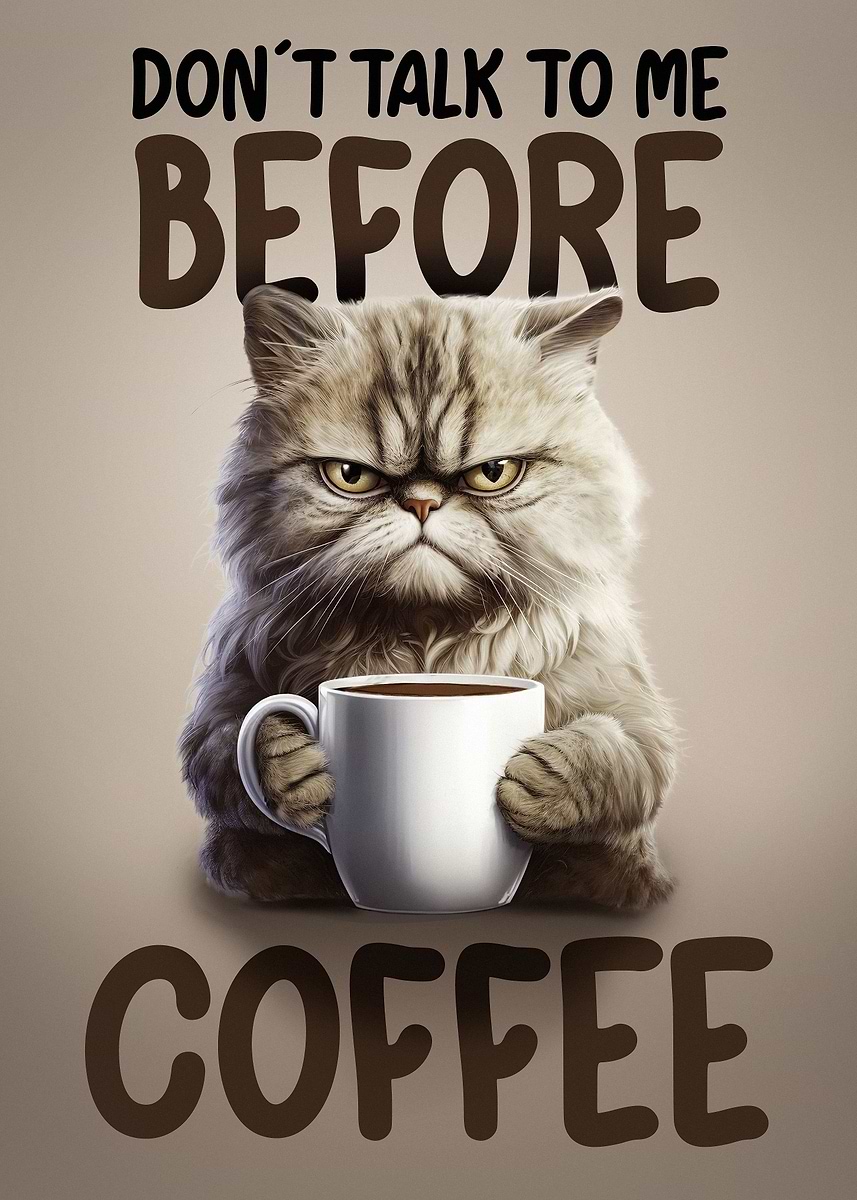 'Grumpy Coffee Cat' Poster, picture, metal print, paint by Bruno Macedo ...
