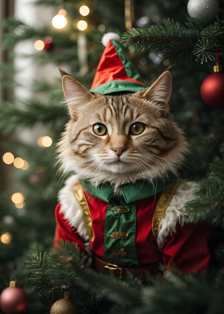 'Christmas ELF Cat' Poster, picture, metal print, paint by Illustration ...