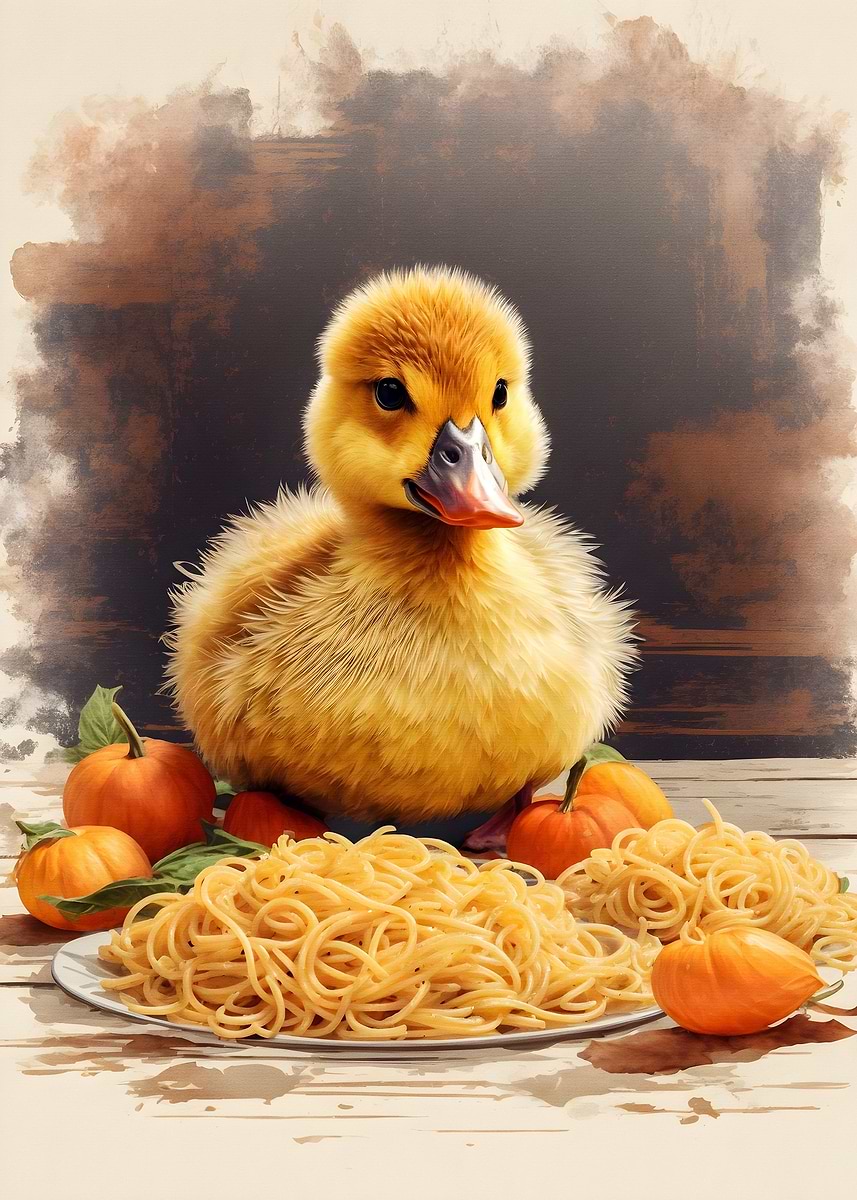 'Duckling Eating Spagethi' Poster, picture, metal print, paint by Dream ...