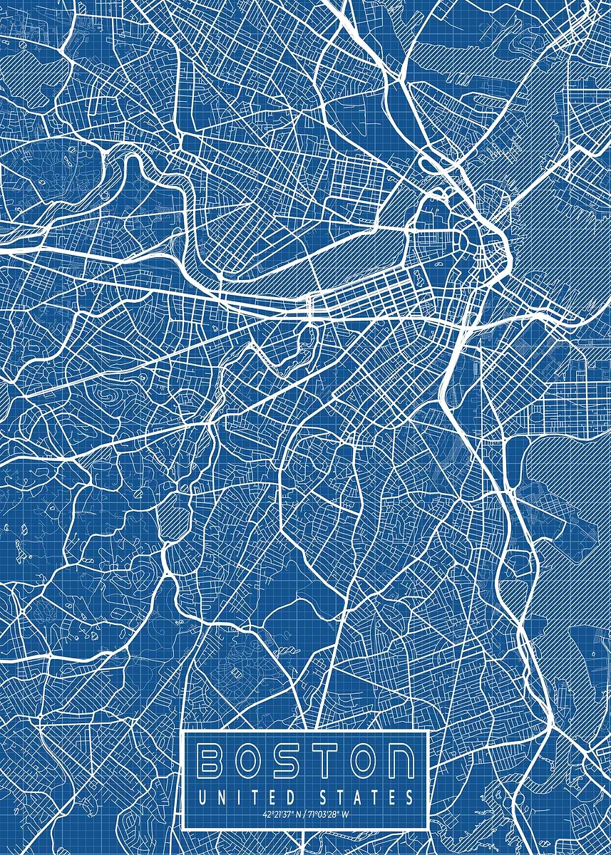 'Boston City Map Blueprint' Poster, picture, metal print, paint by ...
