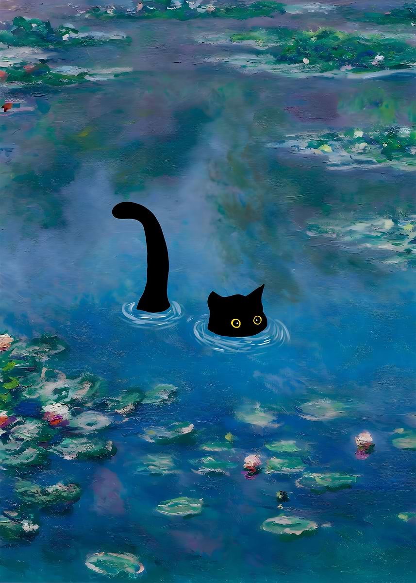 'Monet Cat Waterlilies' Poster, picture, metal print, paint by ...