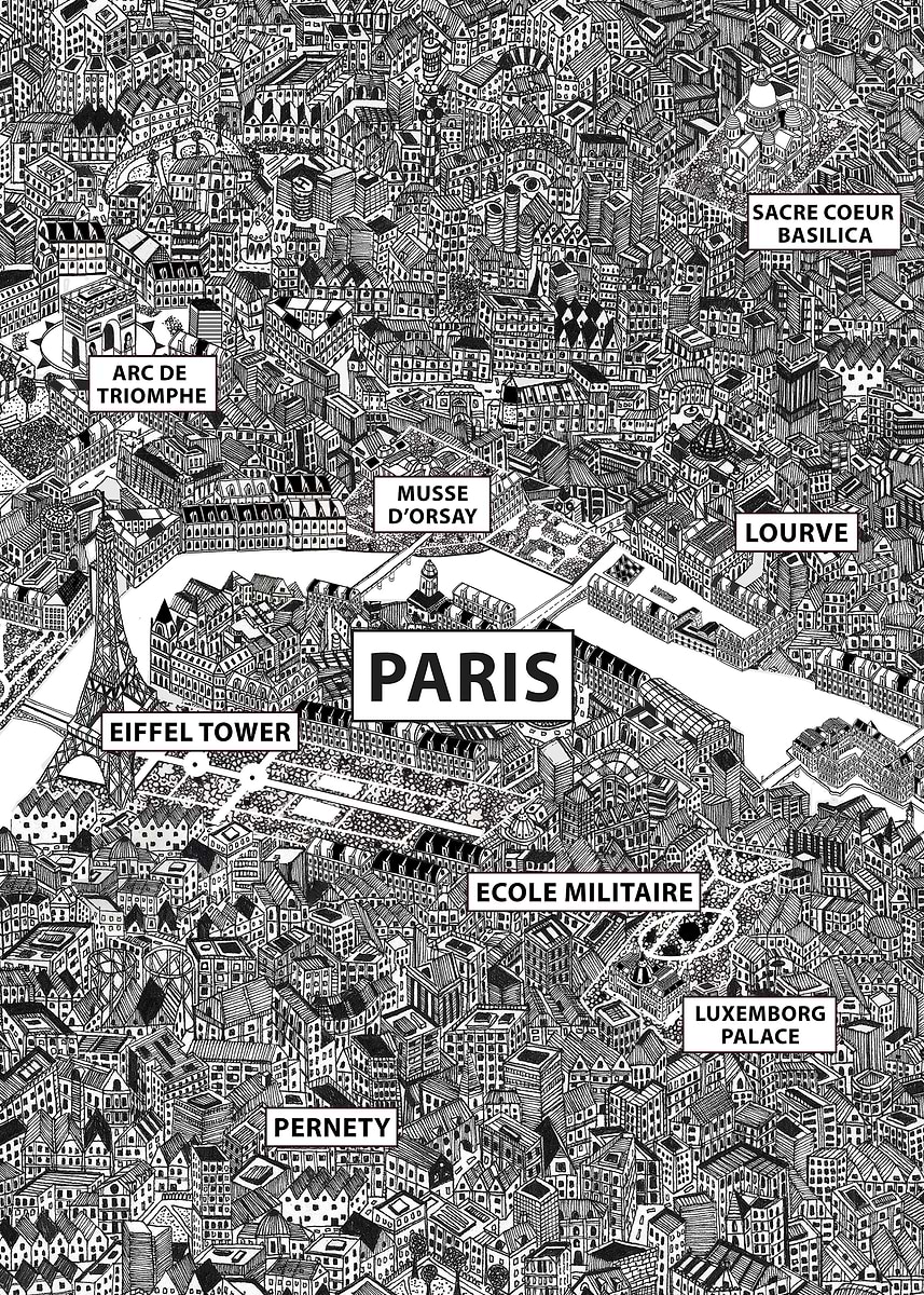 'Paris map hand drawing' Poster, picture, metal print, paint by Oliver ...
