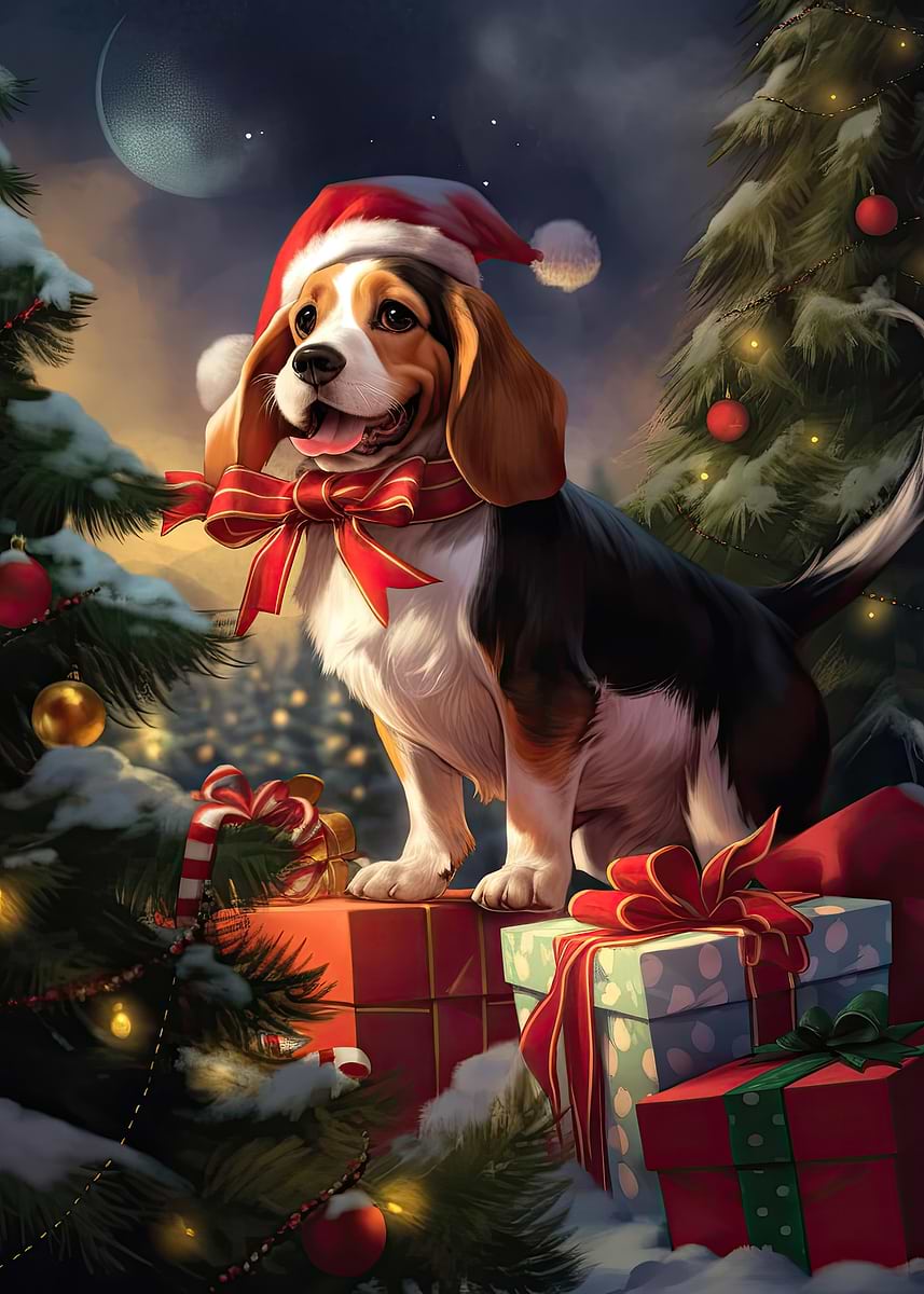 'Beagle Christmas' Poster, picture, metal print, paint by PetPrints | Displate