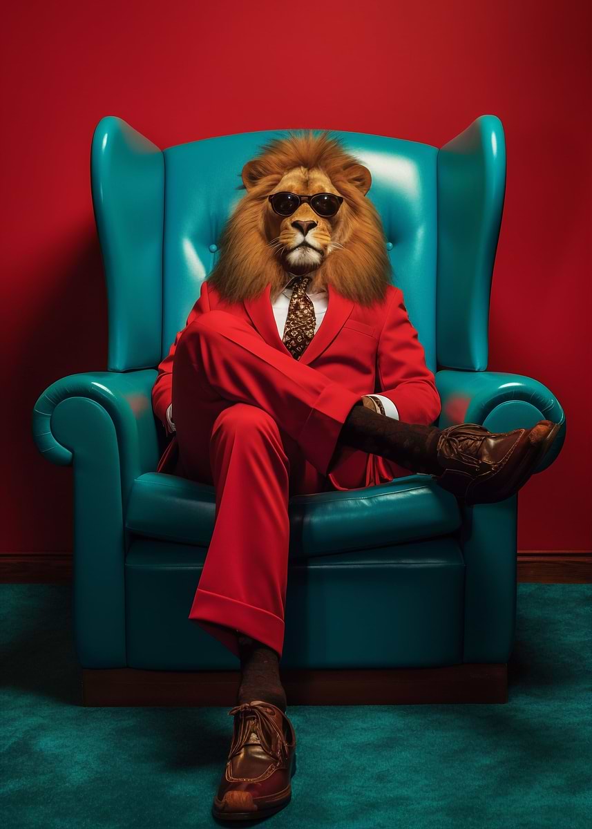 'Elegant Lion with Red Suit' Poster, picture, metal print, paint by ...