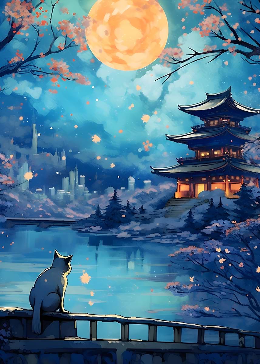 'The Moon Night Cat Japan' Poster, picture, metal print, paint by Rogue ...