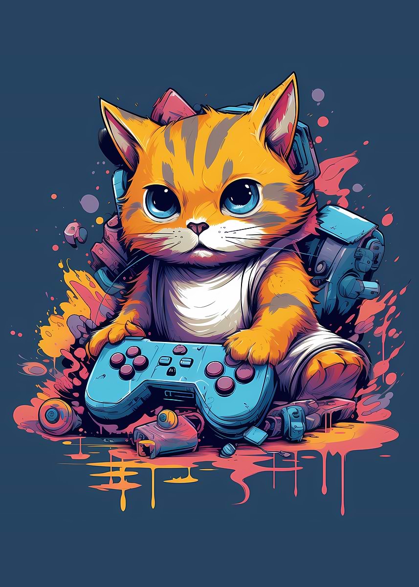 'Cat Gaming' Poster, picture, metal print, paint by Graphic Art Joy ...