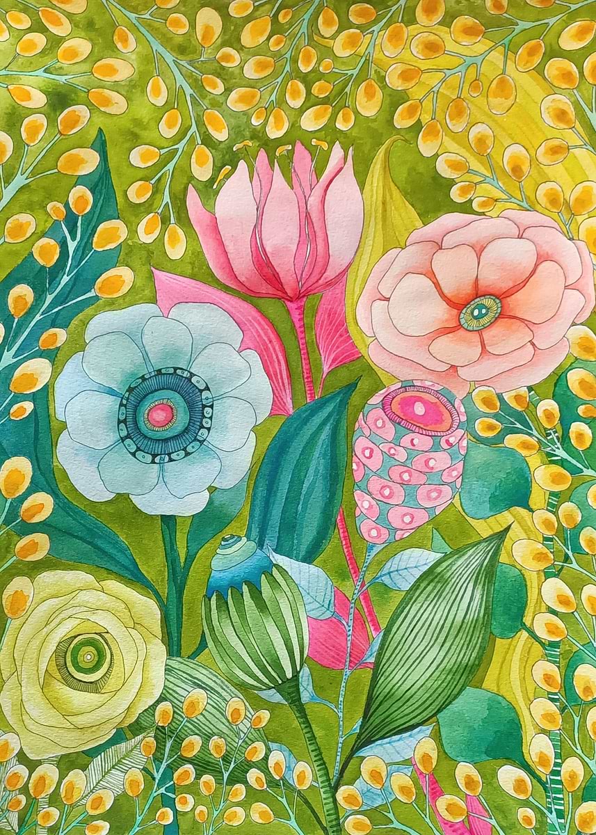 'Green and gold garden art' Poster, picture, metal print, paint by ...
