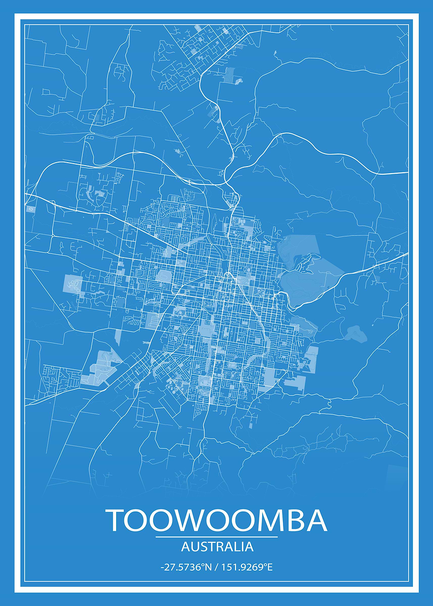 'Toowoomba Blue White Map' Poster, picture, metal print, paint by Wall ...