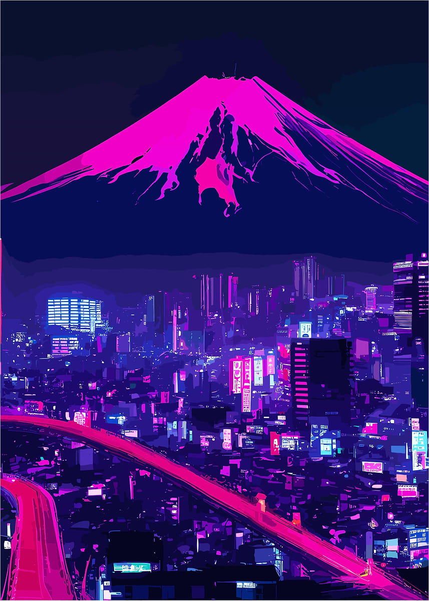 'Mount Fuji Tokyo Cyberpunk' Poster, picture, metal print, paint by Art Jiyuu | Displate