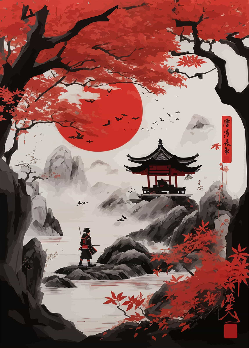 'Vibrant red Japanese scene' Poster, picture, metal print, paint by ...