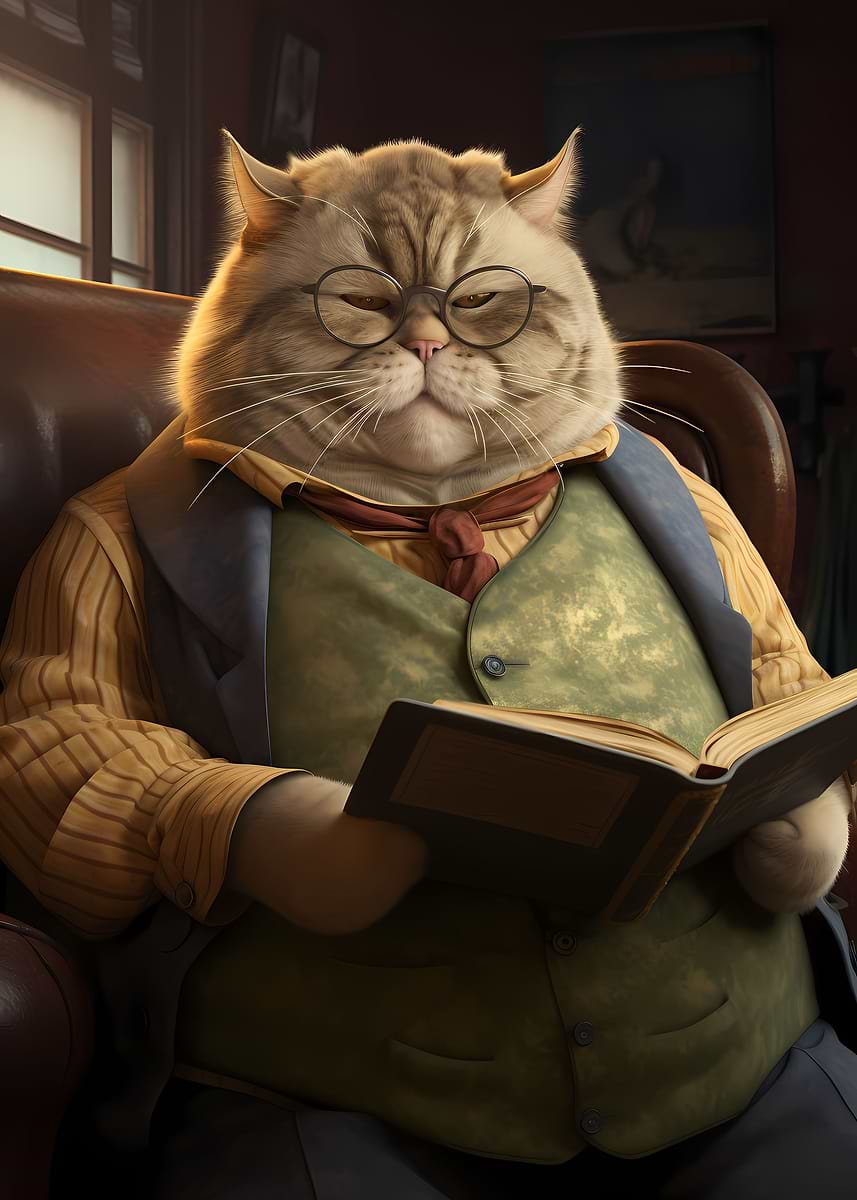 'Fat Cat reading Book Cute' Poster, picture, metal print, paint by ...