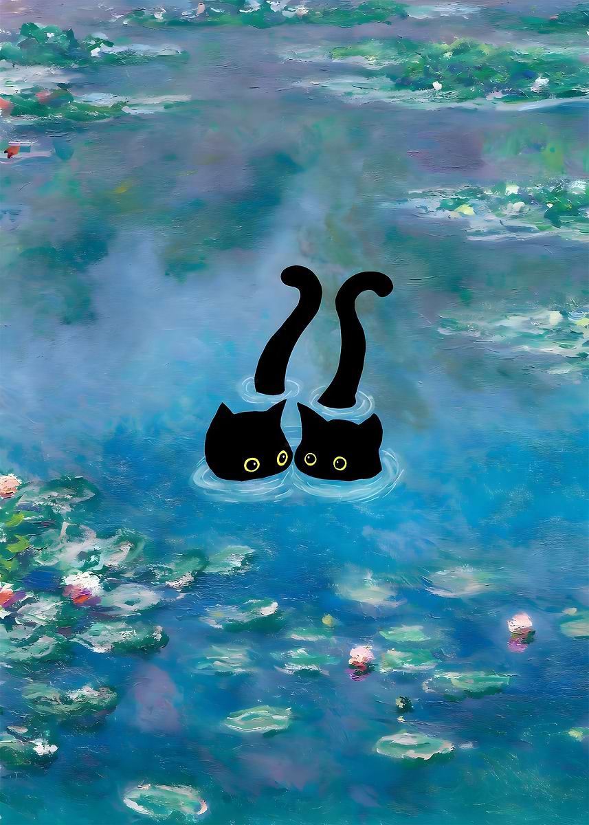 'Monet Waterlilies Cat' Poster, picture, metal print, paint by ...