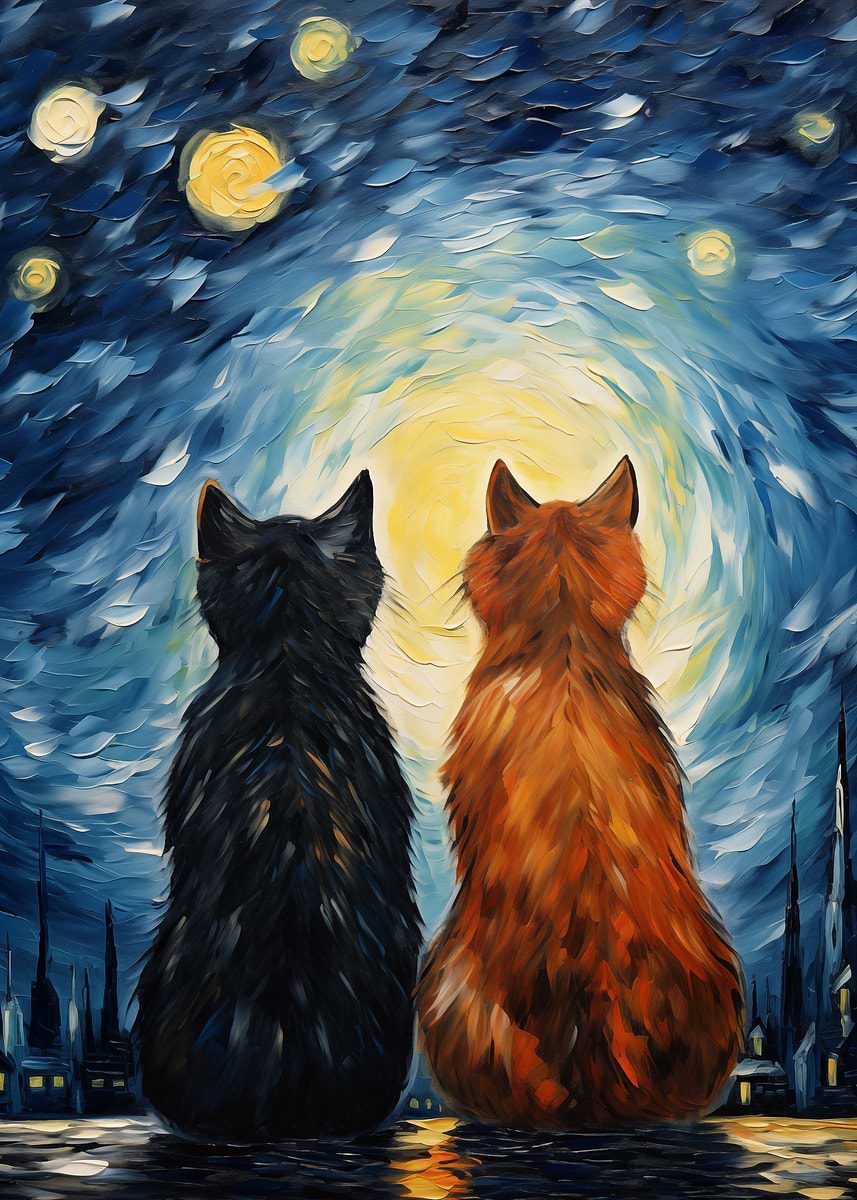 'Cats In Love Van Gogh' Poster, picture, metal print, paint by Eline | Displate