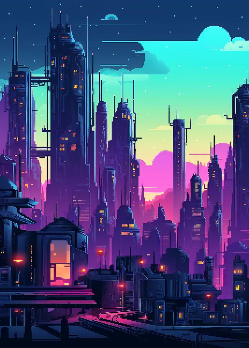 'Space Cyber City Pixel Art' Poster, picture, metal print, paint by ...