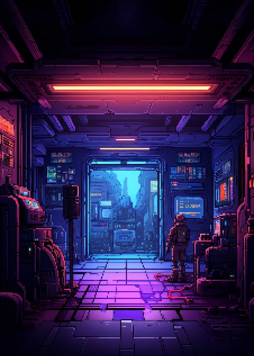 'Cyber Synth City Pixel Art' Poster, picture, metal print, paint by ...