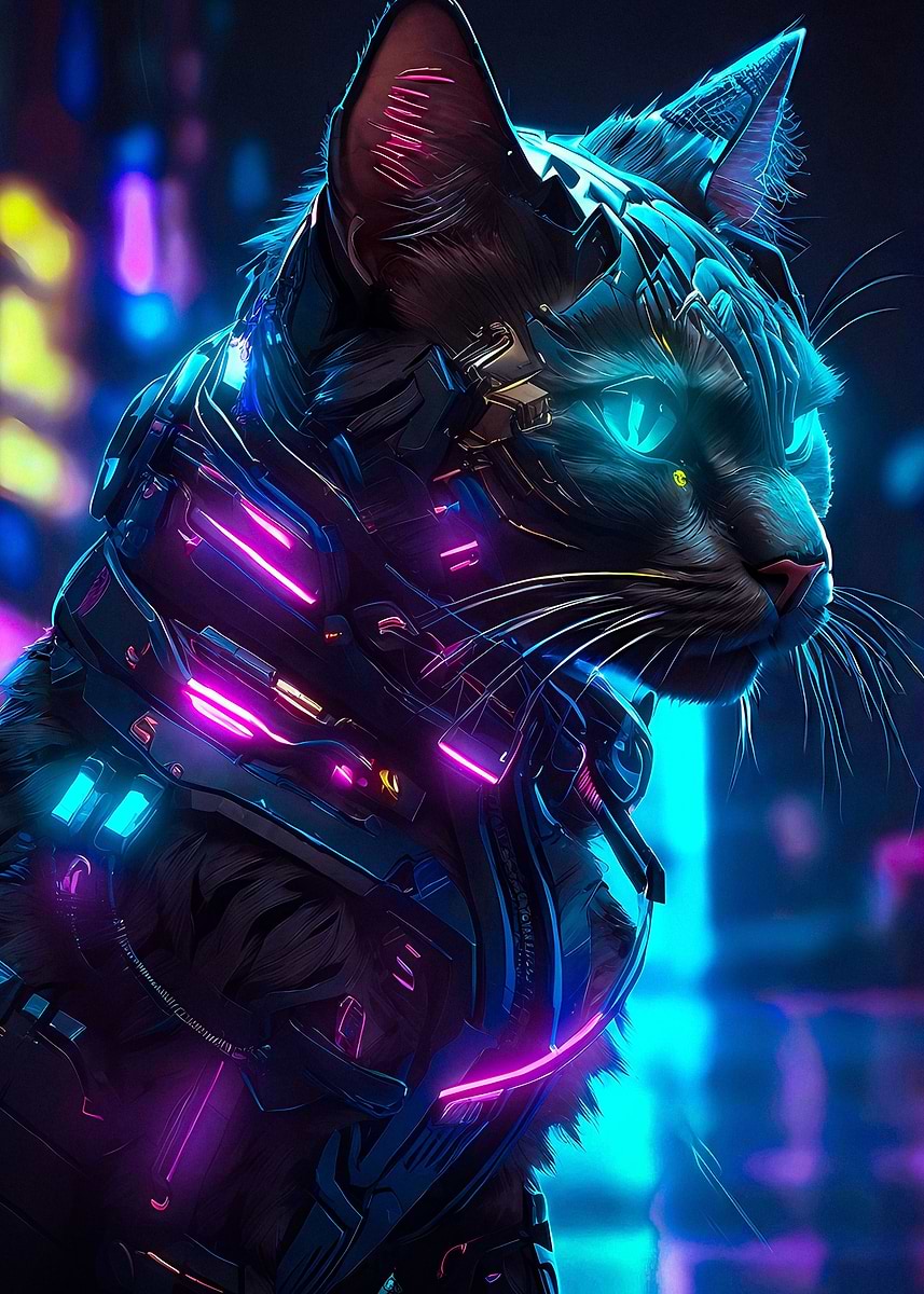'Cyber Cat' Poster, picture, metal print, paint by Meshter | Displate