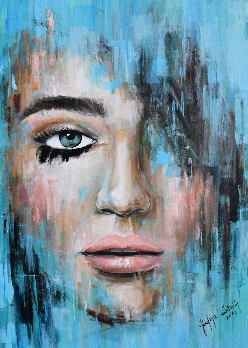 'Turquoise abstract face' Poster, picture, metal print, paint by ...
