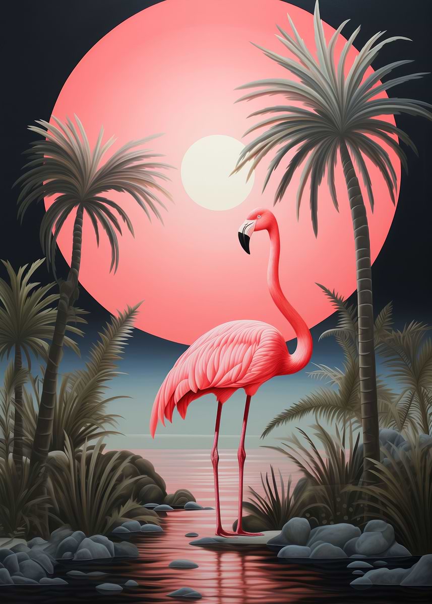 'Pink Flamingo Landscape 01' Poster, picture, metal print, paint by ...