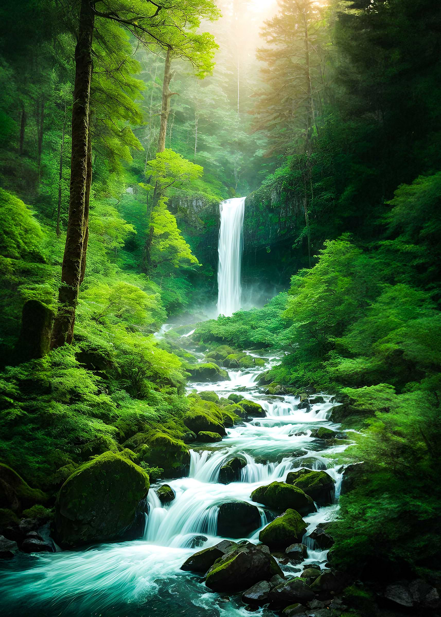 'Waterfall in Forest Nature' Poster, picture, metal print, paint by ...