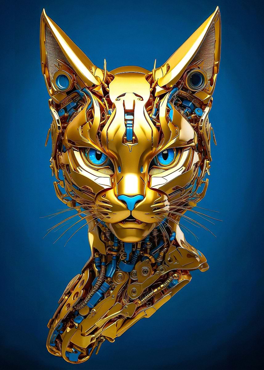 'GOLDEN ROBOTIC CAT FACE' Poster, picture, metal print, paint by Karx ...