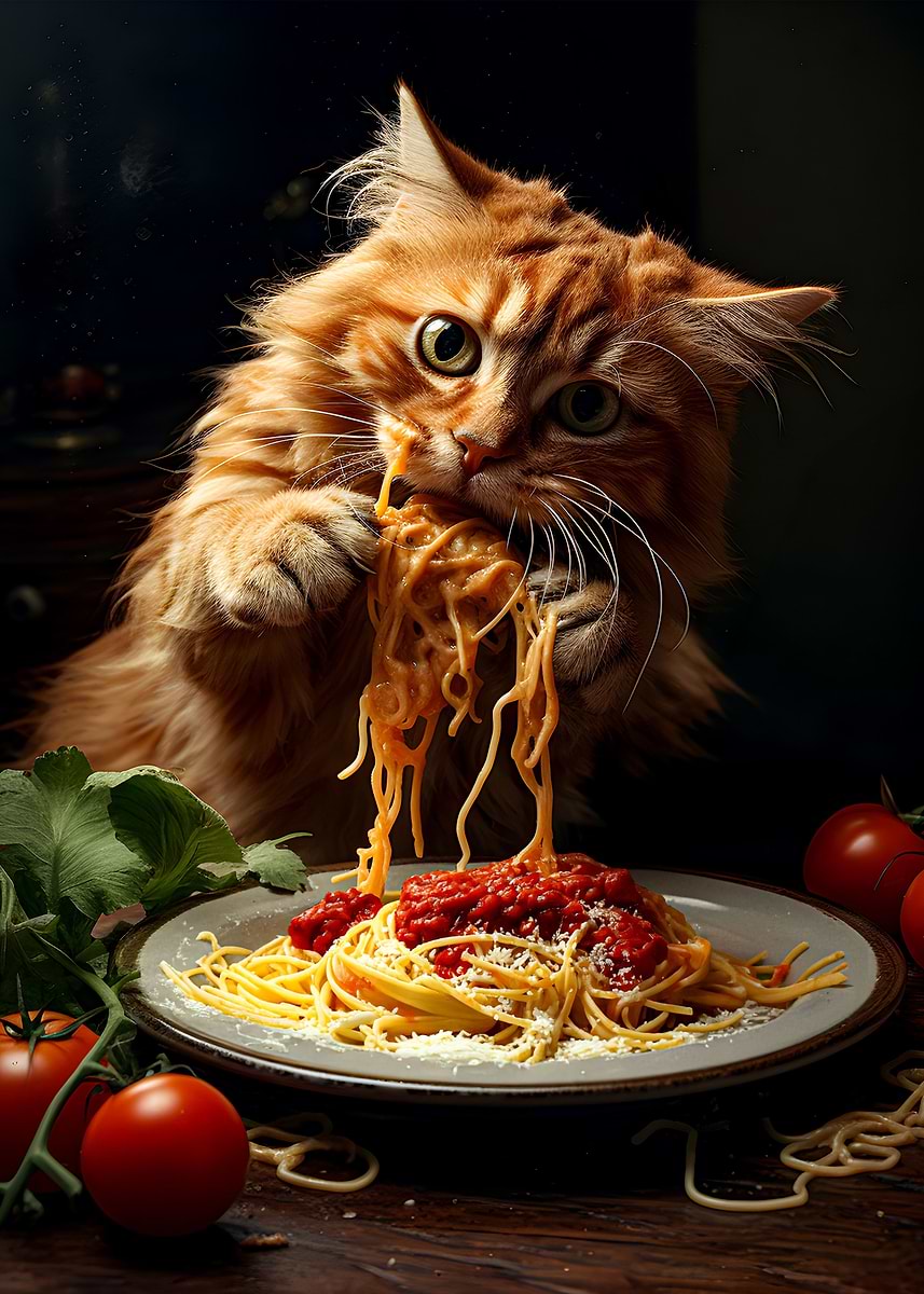'Cat Eating Spaghetti' Poster, picture, metal print, paint by Danan ...