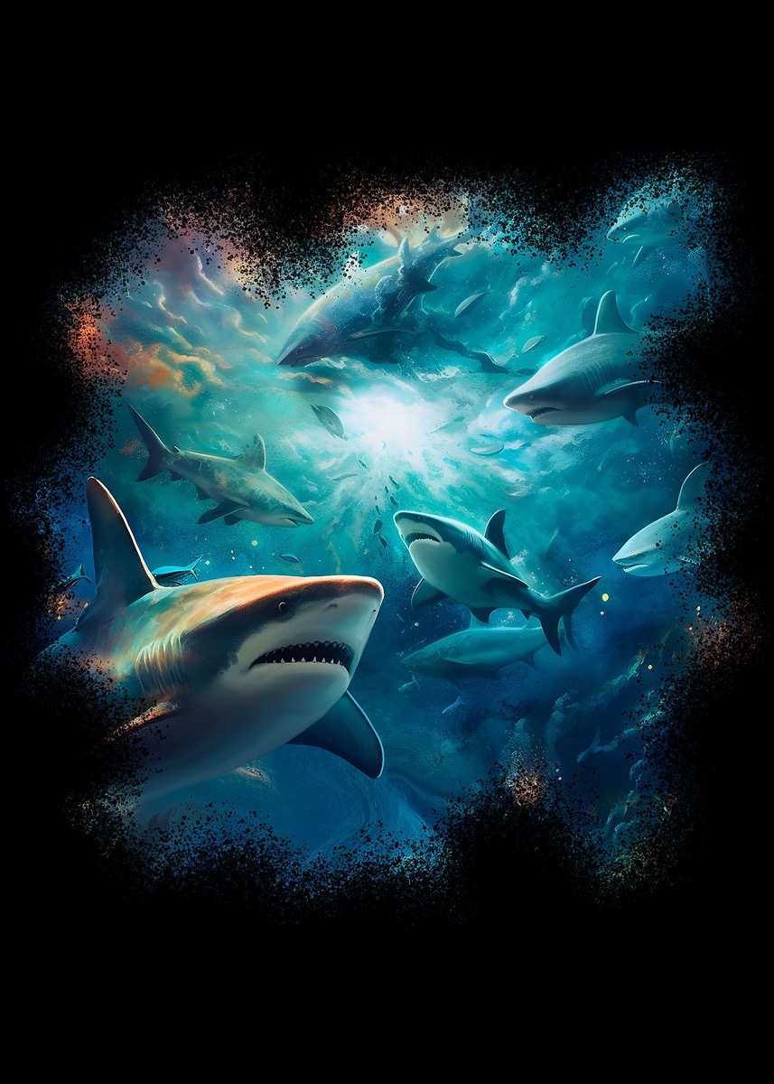 'Sharks' Poster, picture, metal print, paint by Adam | Displate
