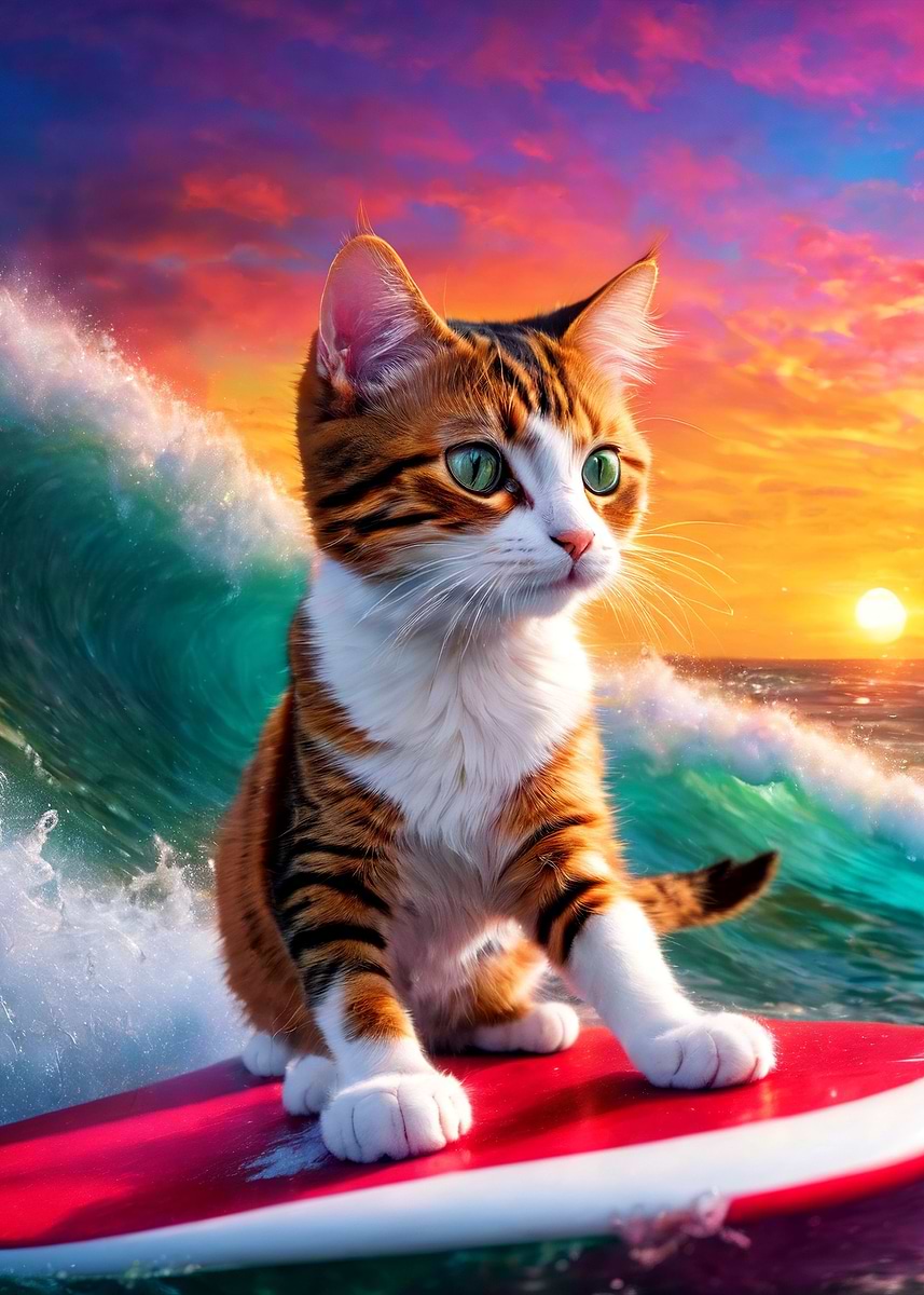 'Funny Cat Surfing' Poster, picture, metal print, paint by Masdarata ...