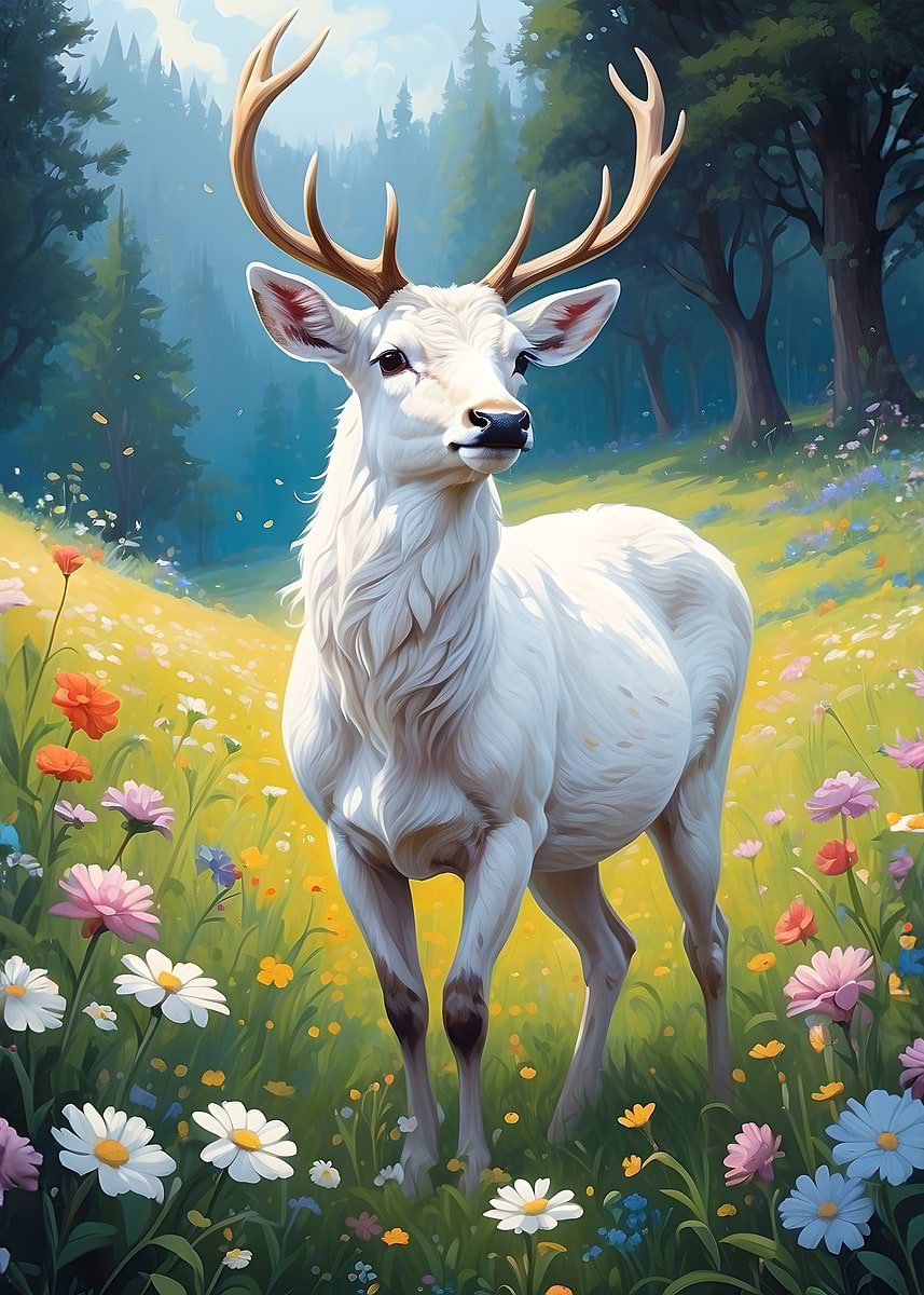 'Cute White Stag in Meadow' Poster, picture, metal print, paint by ...