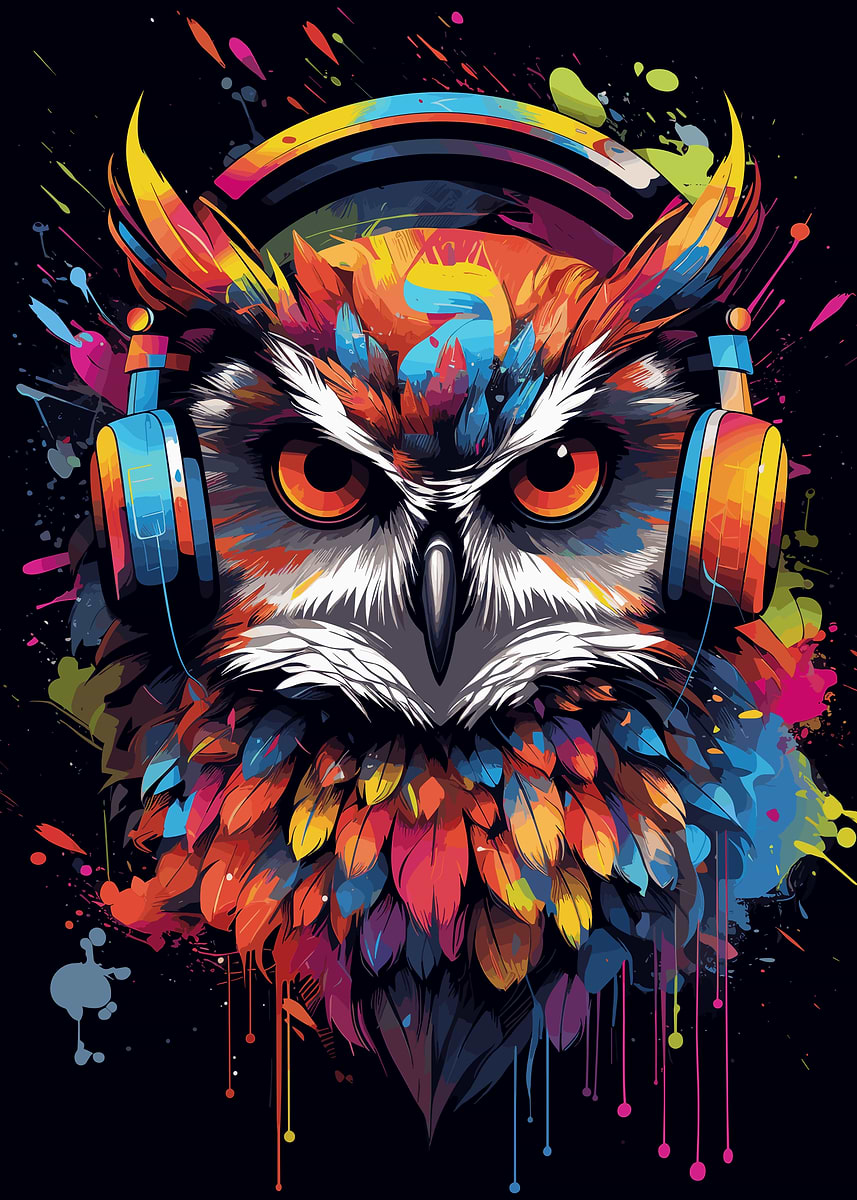 'Colorful Owl Headphones' Poster, picture, metal print, paint by ...