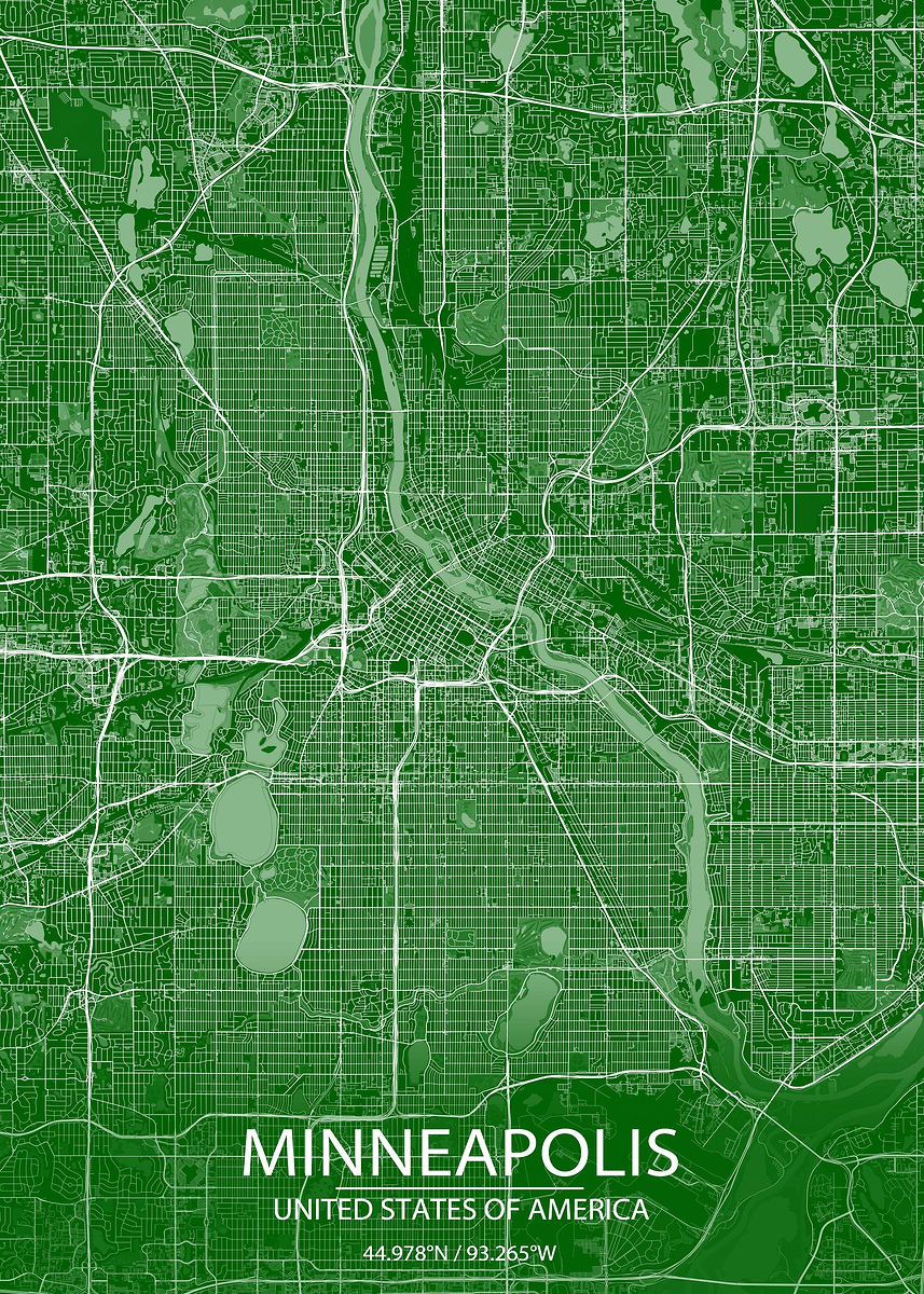 'Minneapolis USA Green Map' Poster, picture, metal print, paint by Wall ...