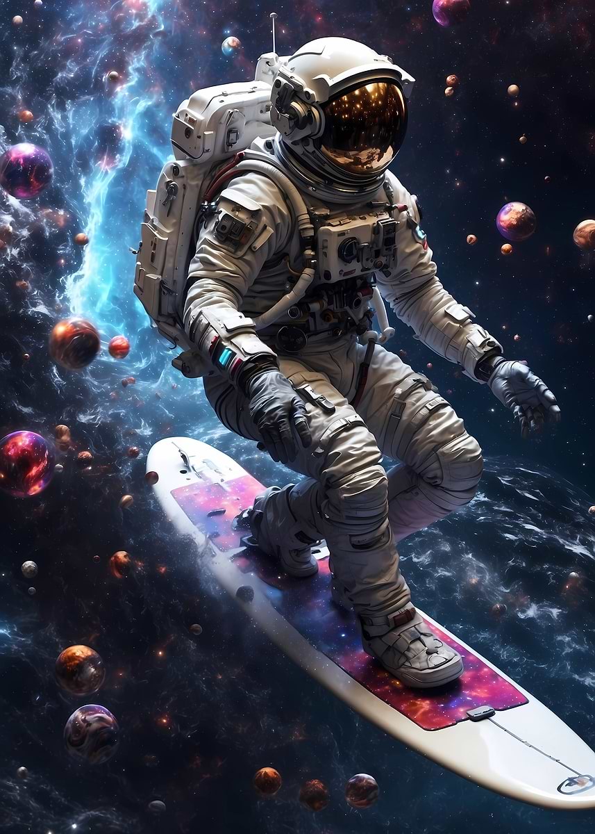 'Surfing astronaut space' Poster, picture, metal print, paint by ...