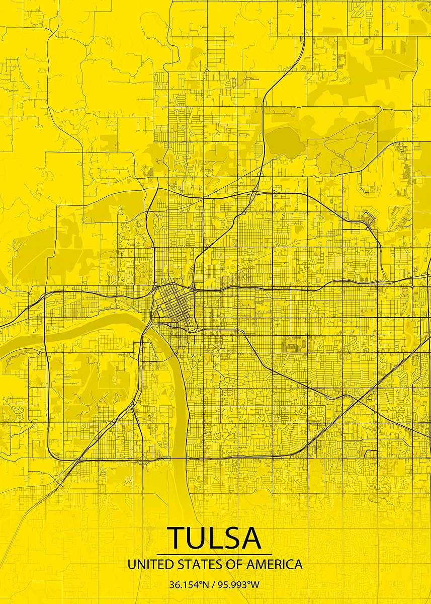 'Tulsa USA Yellow Black Map' Poster, picture, metal print, paint by ...