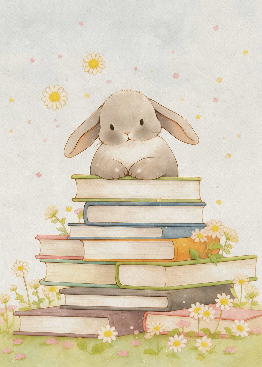 'Bunny on a pile of books' Poster, picture, metal print, paint by ...