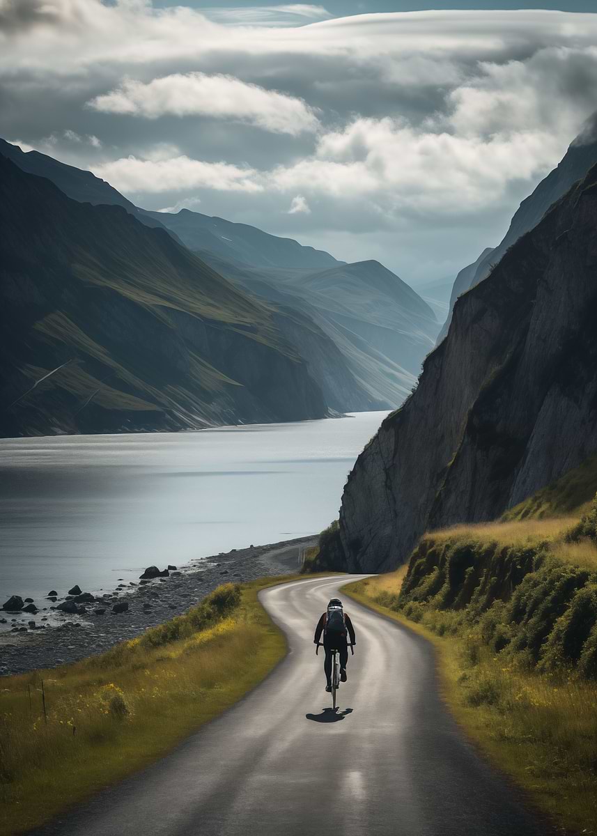 'Cyclist Road Landscape' Poster, picture, metal print, paint by ...
