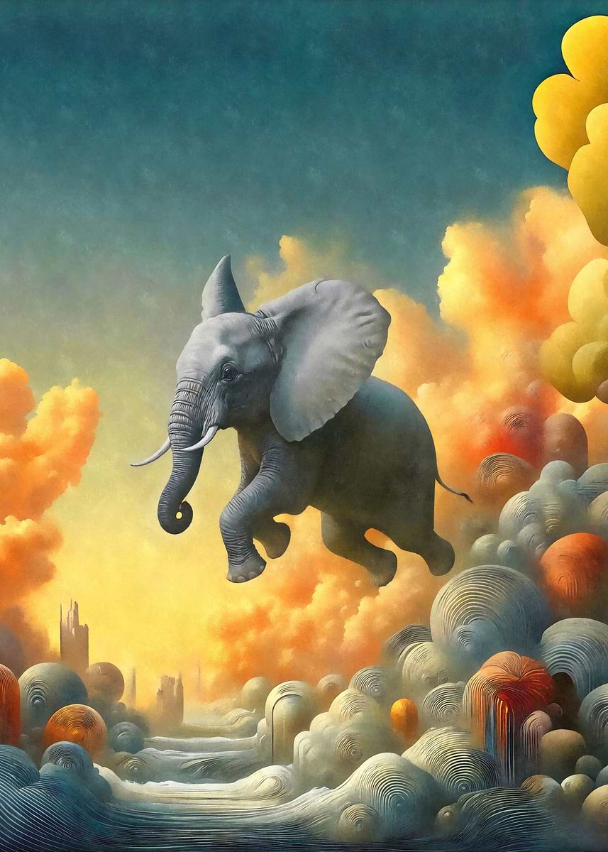 'Elephant flying in the sky' Poster, picture, metal print, paint by ...