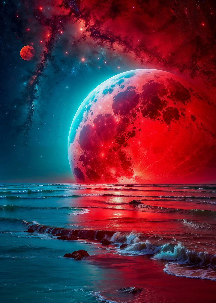 'Red Moon and the Sea' Poster, picture, metal print, paint by Lootprint ...