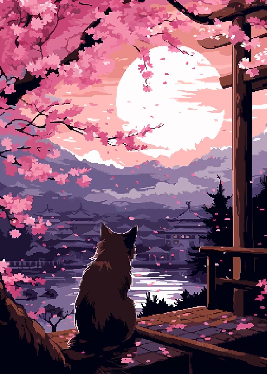 'Japan Cat Sunset Pixel Art' Poster, picture, metal print, paint by ...