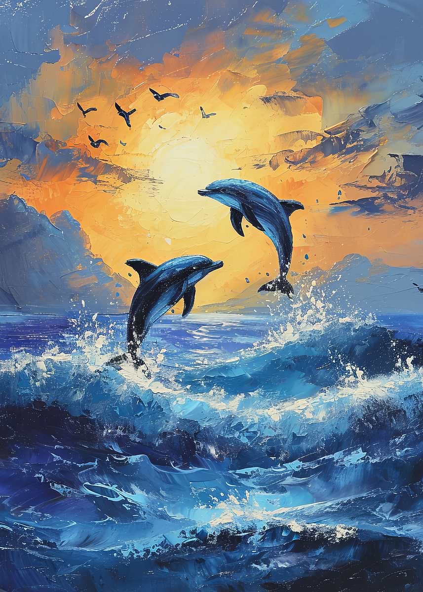 'Two Dolphin Jumping' Poster, picture, metal print, paint by Tollaru ...