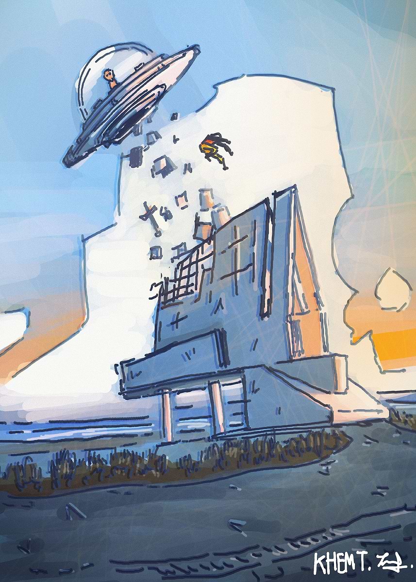 'Alien and the beach church' Poster, picture, metal print, paint by ...