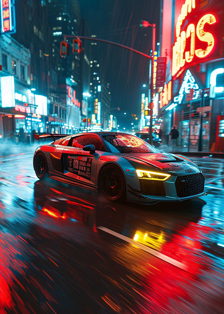'Neon Lit Audi R8' Poster, picture, metal print, paint by Adam | Displate