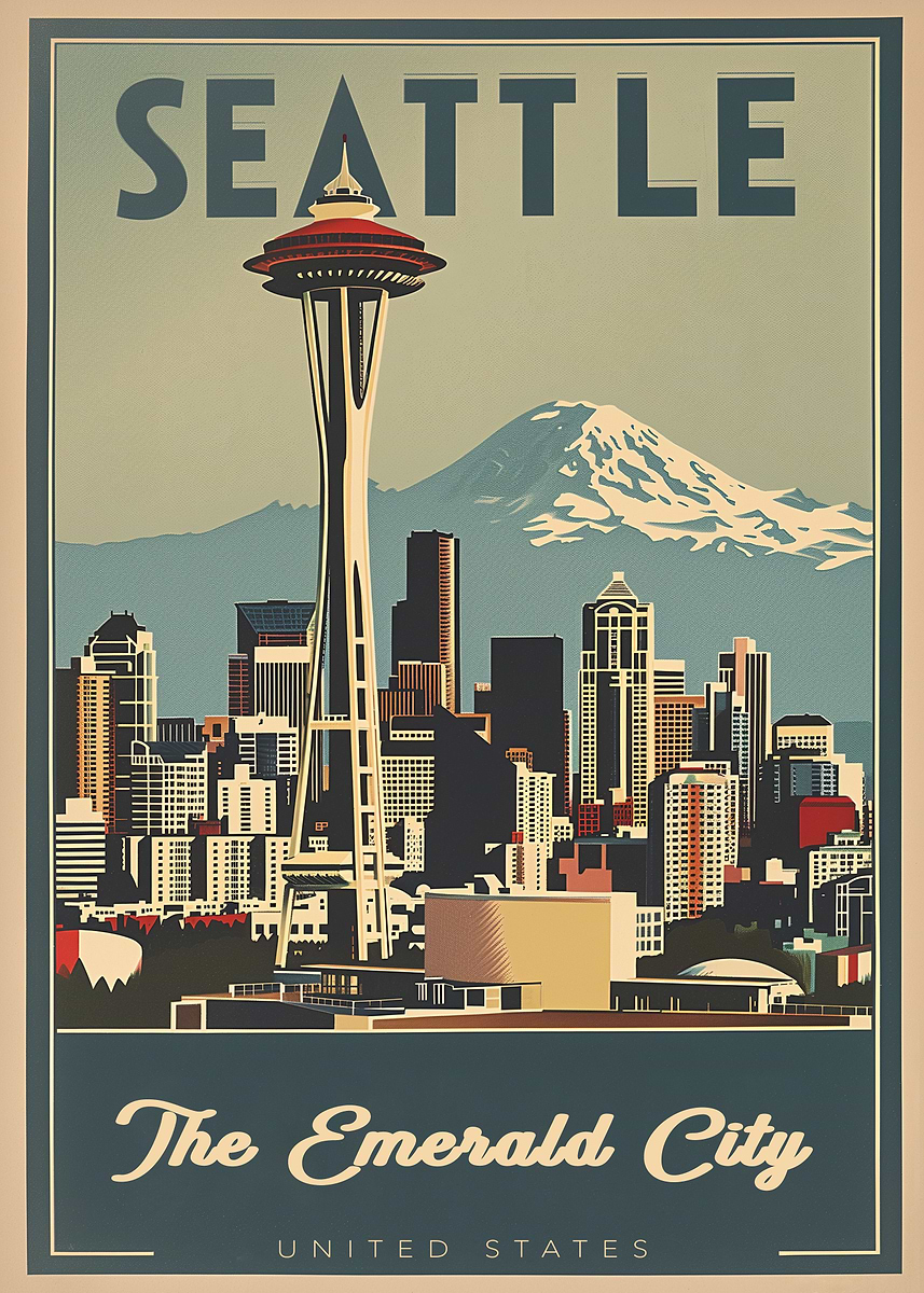 'Seattle Vintage Travel' Poster, picture, metal print, paint by Stefan ...
