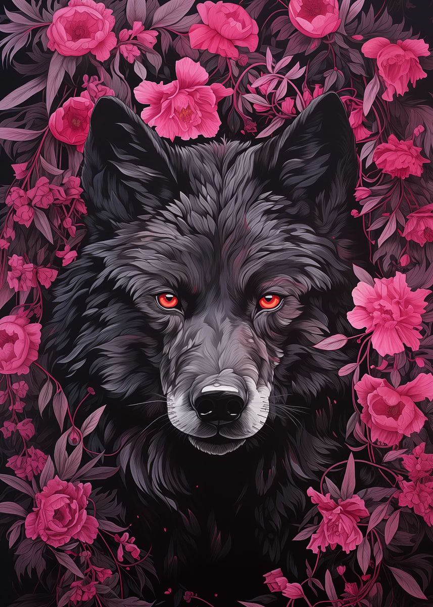 'Wolf in pink flowers' Poster, picture, metal print, paint by Vitaliy ...
