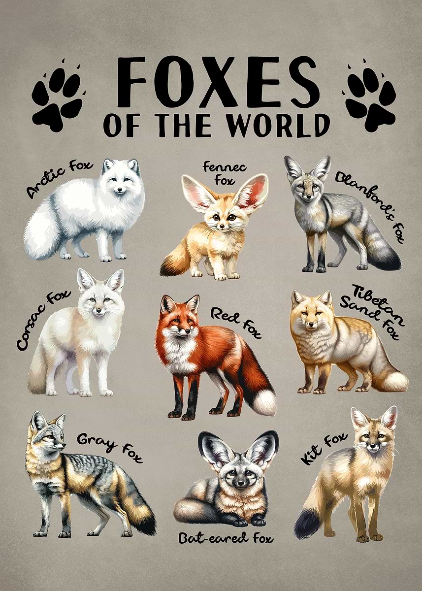 'Foxes of the World Fox' Poster, picture, metal print, paint by ...