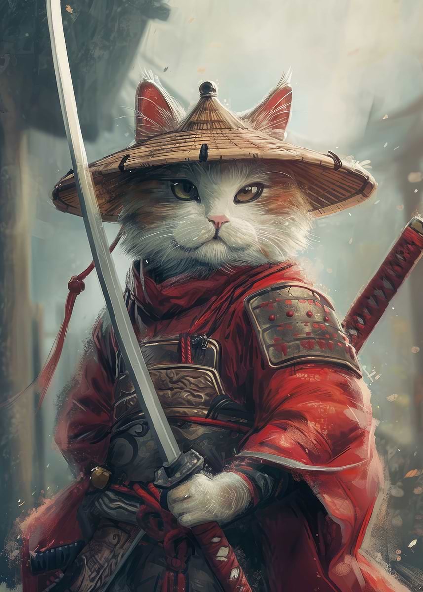 'Cute Cartoon Cat Samurai' Poster, picture, metal print, paint by Ray ...