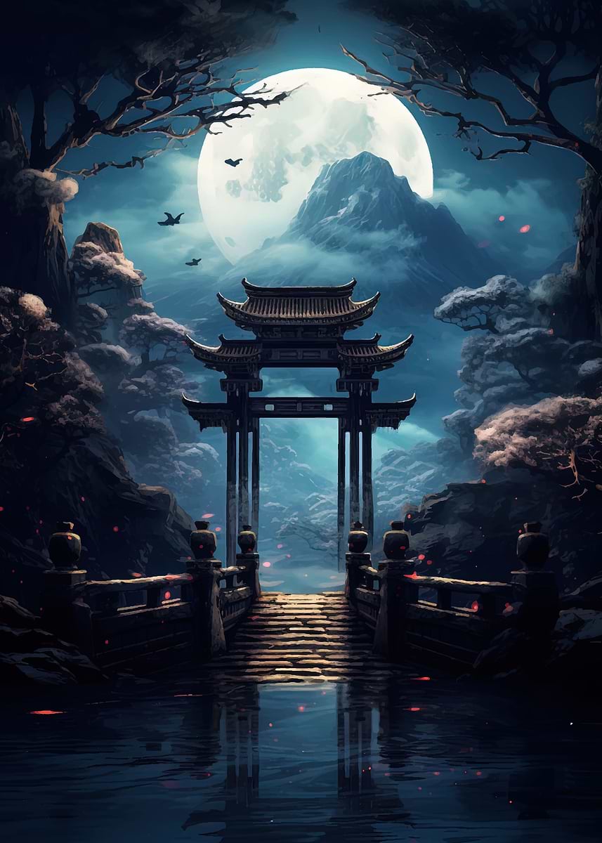 'gate japan moon night' Poster, picture, metal print, paint by Peter Li ...