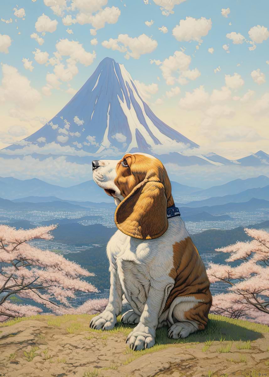 'Basset Hound Mount Fuji' Poster, picture, metal print, paint by ...