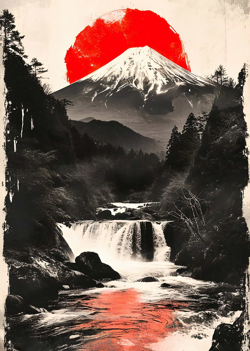 'Red Moon Fuji' Poster, picture, metal print, paint by Pozter | Displate